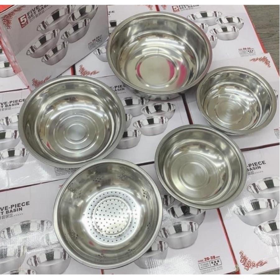 Bộ 5 thau rổ bằng inox gồm 5 kích thước 16cm, 18cm, 20cm, 22cm, 24cm ...