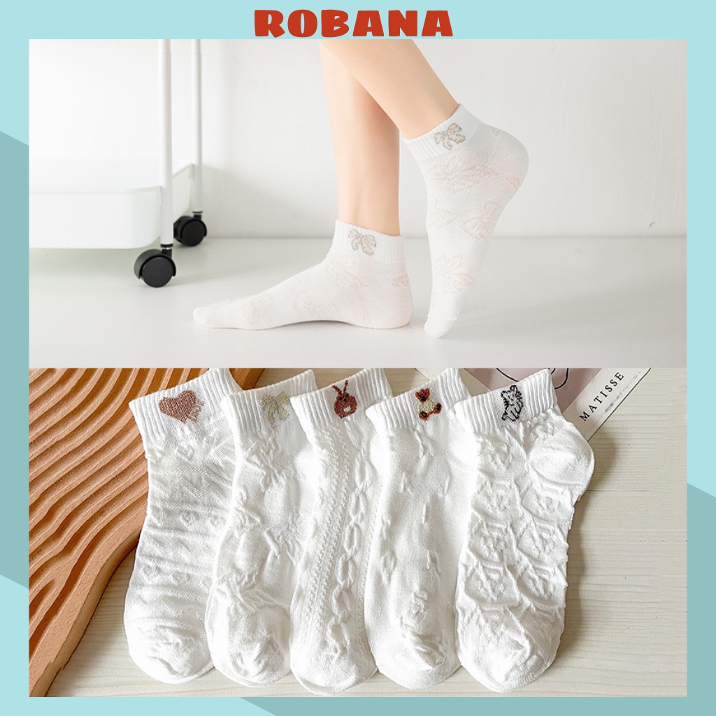 Vớ nữ cổ ngắn ROBANA trắng họa tiết con gấu đơn giản thấm hút mồ hôi ...