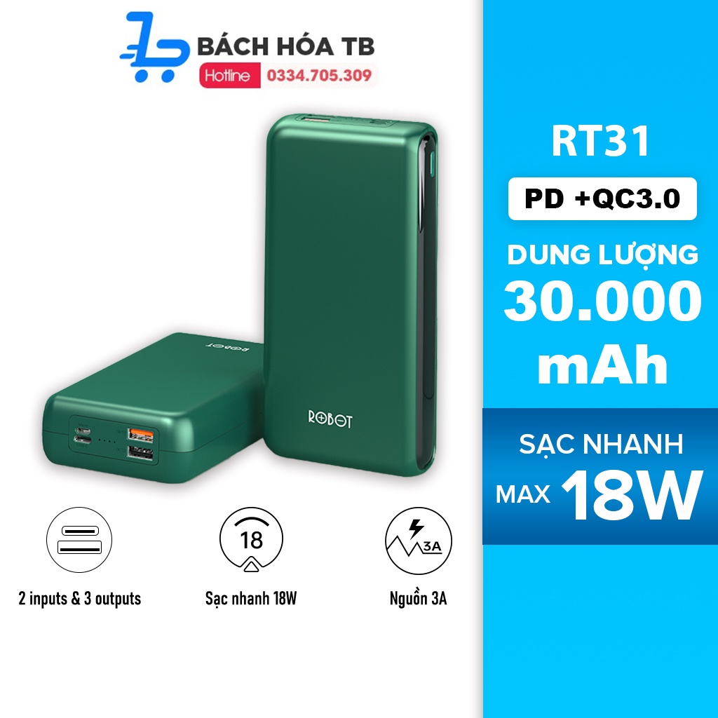 Pin Sạc Dự Phòng ROBOT RT31 30.000mAh Sạc Nhanh PD/QC 3.0 Công Suất 18W - 2 Input, 3 Output ...