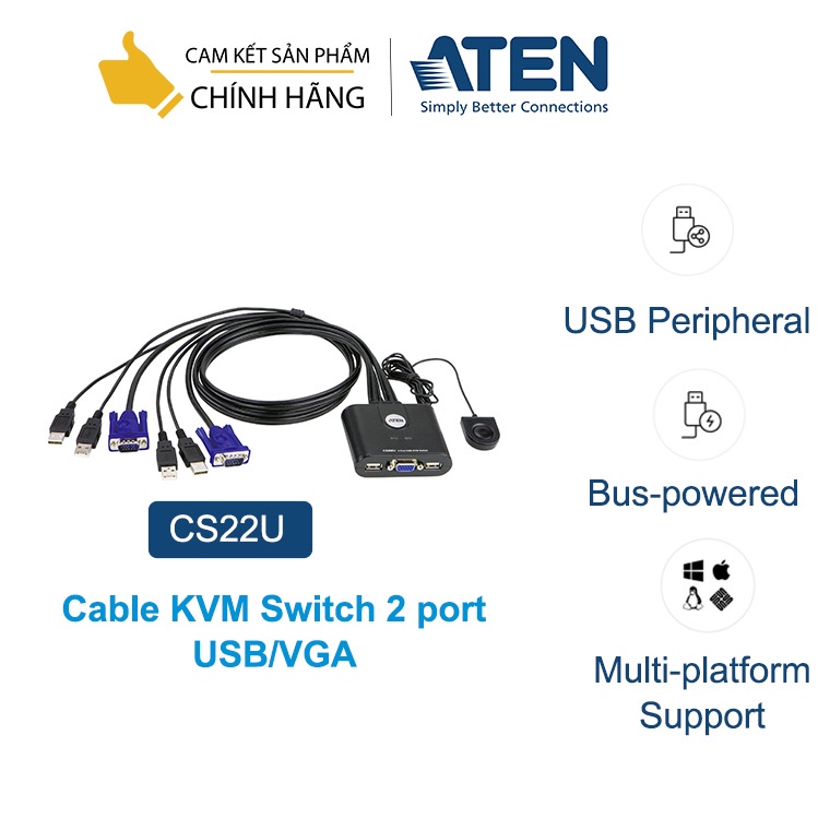 Bộ chuyển tín hiệu 2 CPU dùng 1 màn hình, ATEN CS22U 2 port USB VGA KVM ...