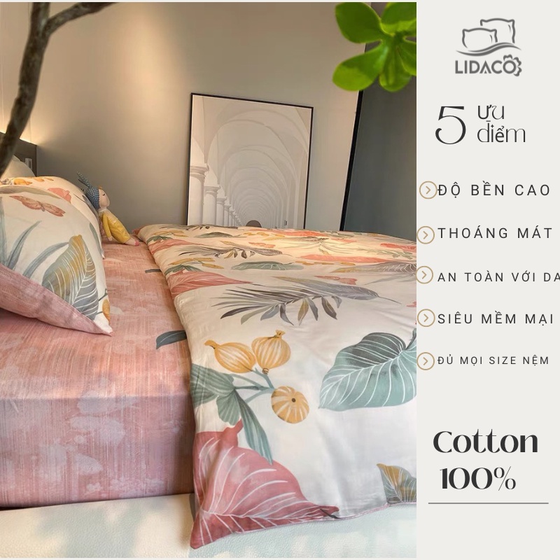 Bộ vỏ chăn ga giường cotton 100% Lidaco cotton hàn không bai xù, siêu ...