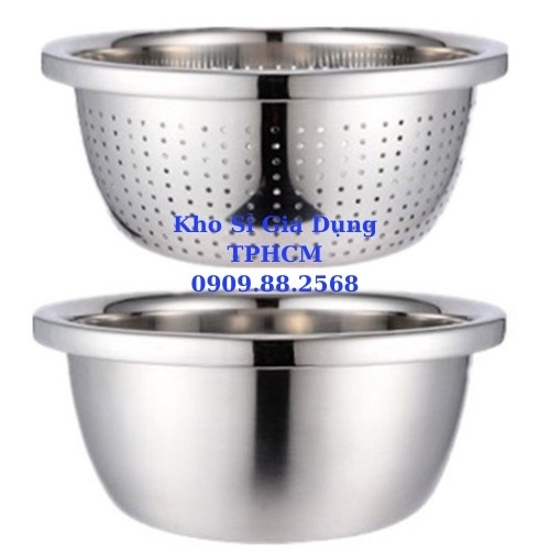 Bộ Thau Rổ Inox 304 Sâu lòng, Dày Size 22cm, Bộ Thau Inox Sâu Lòng + Rổ ...