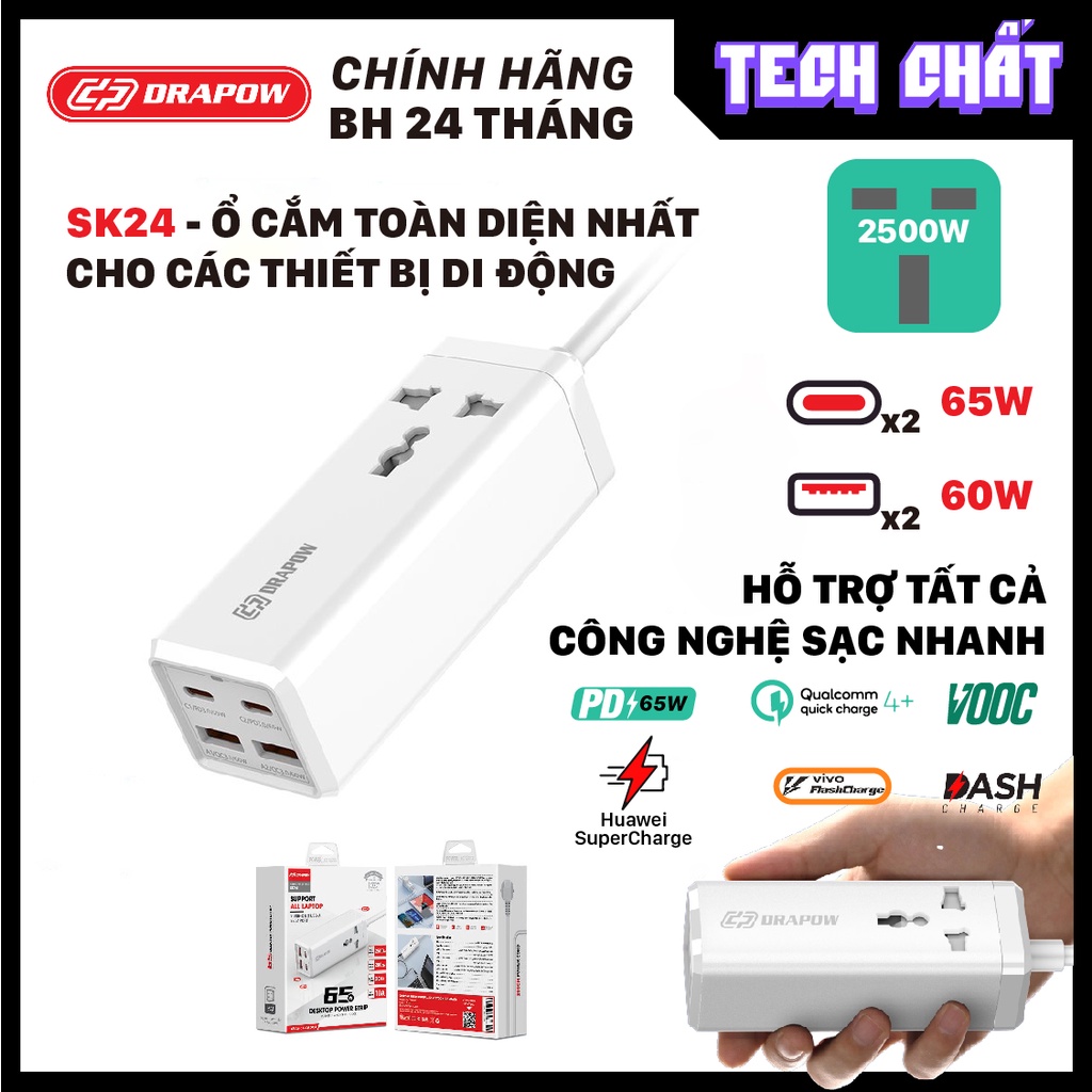 Ổ cắm điện tích hợp củ sạc nhanh 65w sk24 type c chính hãng Drapow nhiều công nghệ sạc nhanh ...