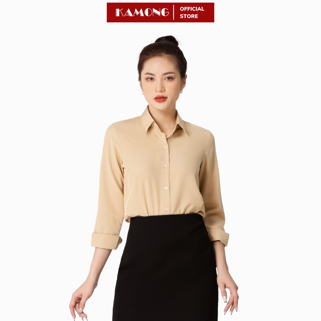 Áo sơ mi nữ công sở tay dài KAMONG cao cấp dáng suông trơn basic A147 ...