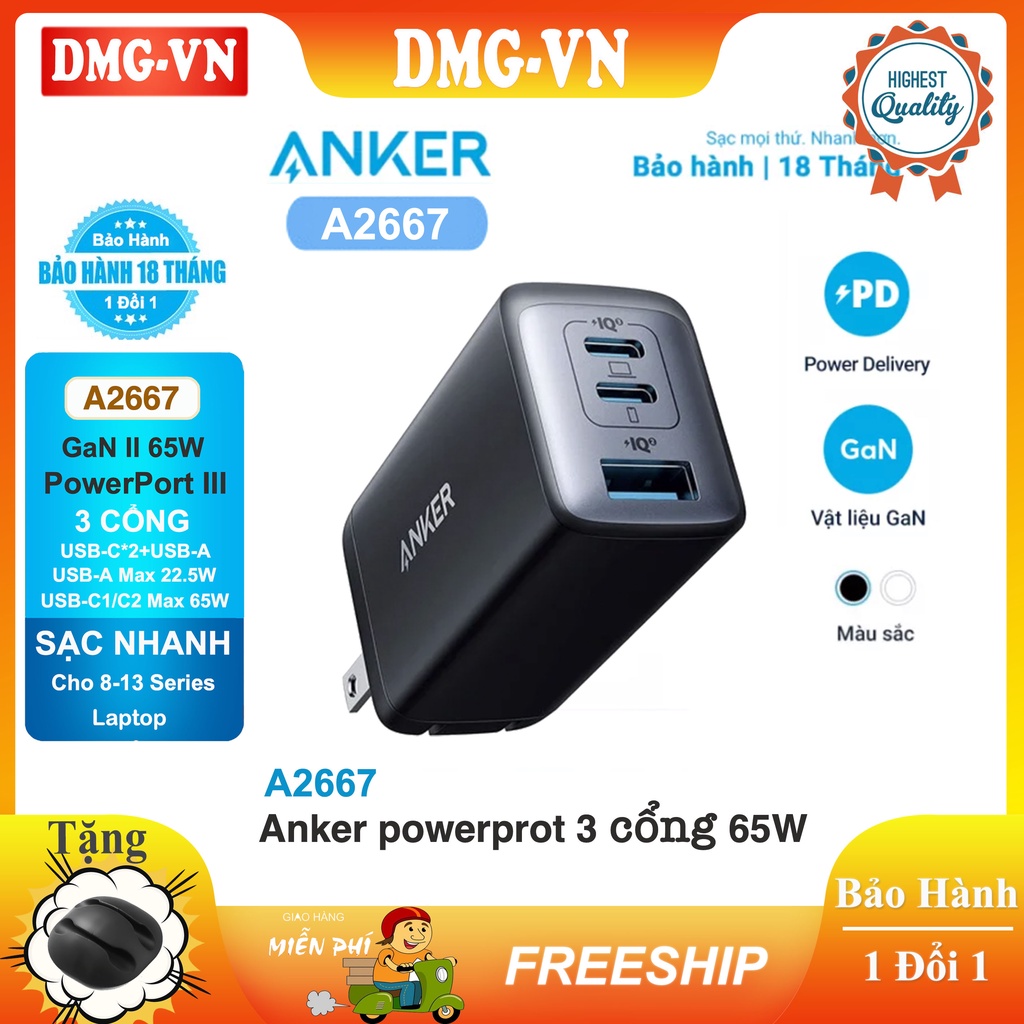 Củ Sạc Anker A2667 A9521 65W GaN 3 Cổng (2*USB-C+1*USB-A),hỗ trợ IQ/PD ...
