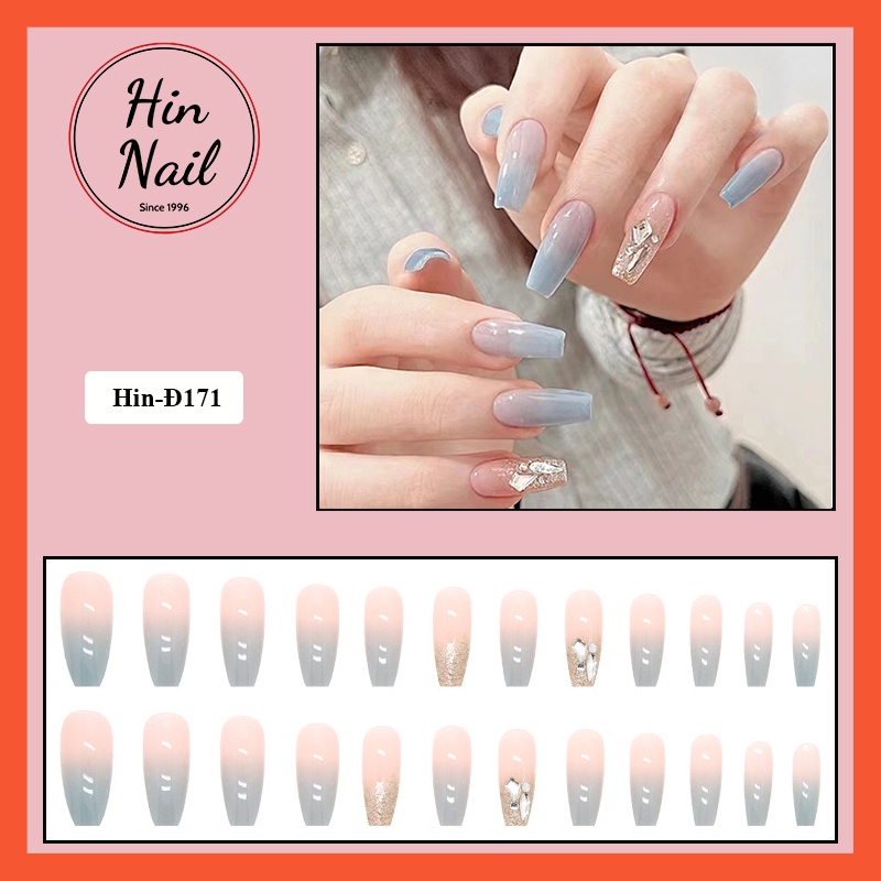 Móng tay giả đính đá dạng thanh Hin Nail màu ombre tím , xanh hottrend ...