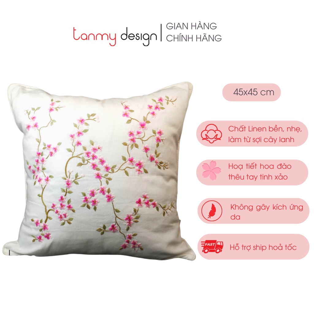 Vỏ gối vuông tựa sofa 45x45 cm thêu tay hoa đào Tân Mỹ Design | Shopee ...