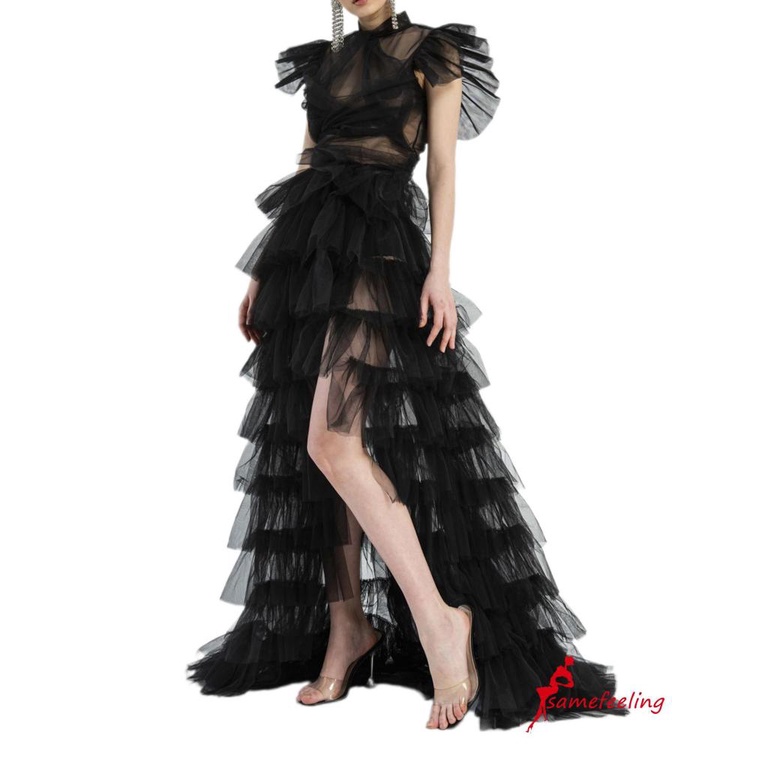 SF-Women Tulle Skirt Solid Color Mesh Tied-Up Irregular Floor-Length ...