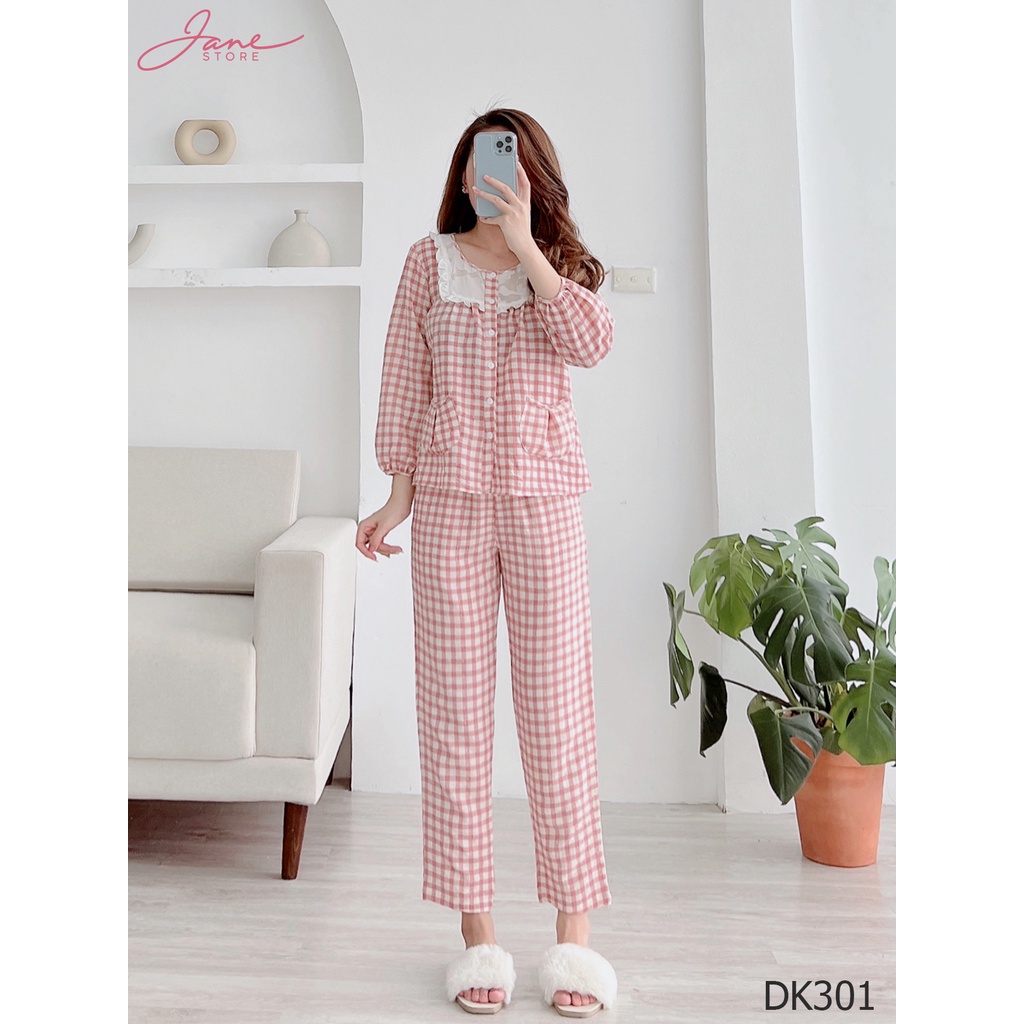 Bộ mặc nhà dài tay phối ren đồ bộ cao cấp set đồ kẻ đẹp DK30 | Shopee Việt Nam