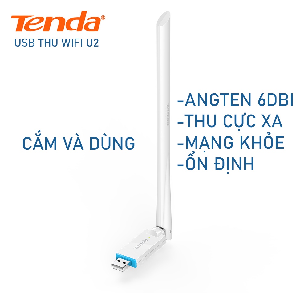 USB thu wifi Tenda U2 cho máy tính PC tốc độ 150mbps - Anten 6 DBI thu ...
