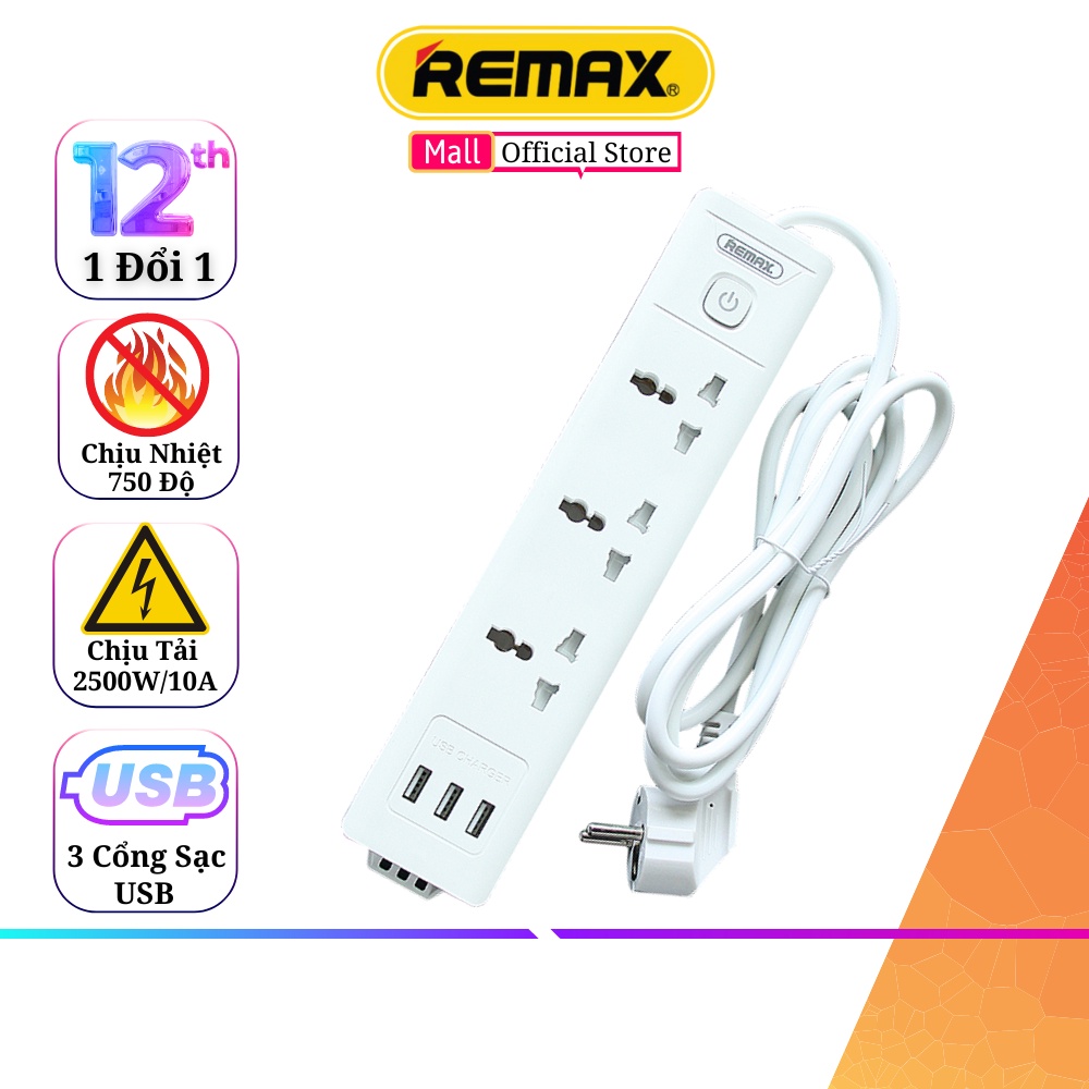 Ổ cắm điện đa năng Remax có 3 cổng USB Remax RV-03 lỗ cắm tải 2500W an ...