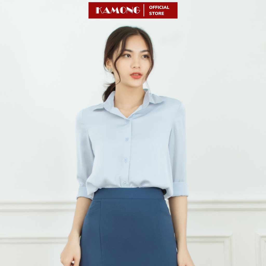 Áo sơ mi nữ công sở tay dài KAMONG cao cấp dáng suông trơn basic A147 ...