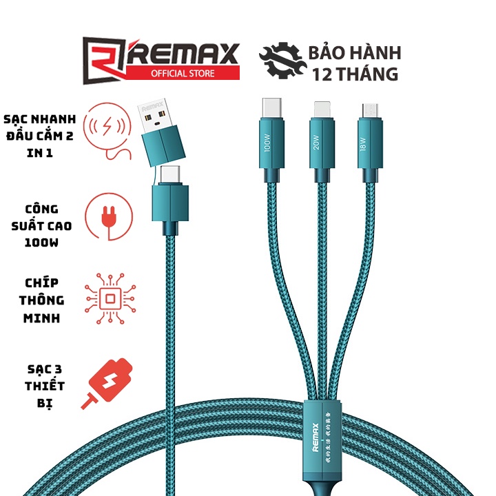 Cáp sạc nhanh đa năng 3in2 Remax RC-C012 100W Dây 1M Sạc Nhanh 3 Đầu IP - Micro - Type C Bọc ...