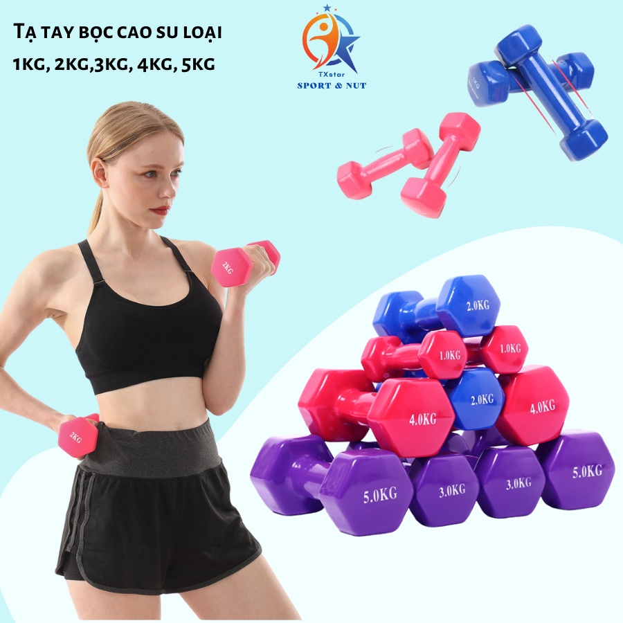 Tạ tay 1kg 2kg 3kg 4kg 5kg bọc cao su trơn lõi thép TXstar tập Gym tập ...
