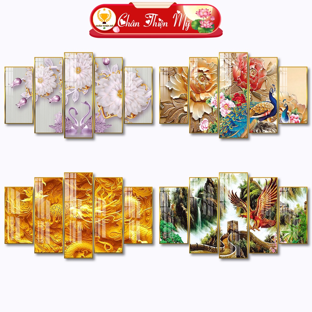Bộ 5 Tranh Treo Tường Tráng Gương CHÂN THIỆN MỸ Trang Trí Phòng Khách Chủ Đề Chim Công, Thiên ...