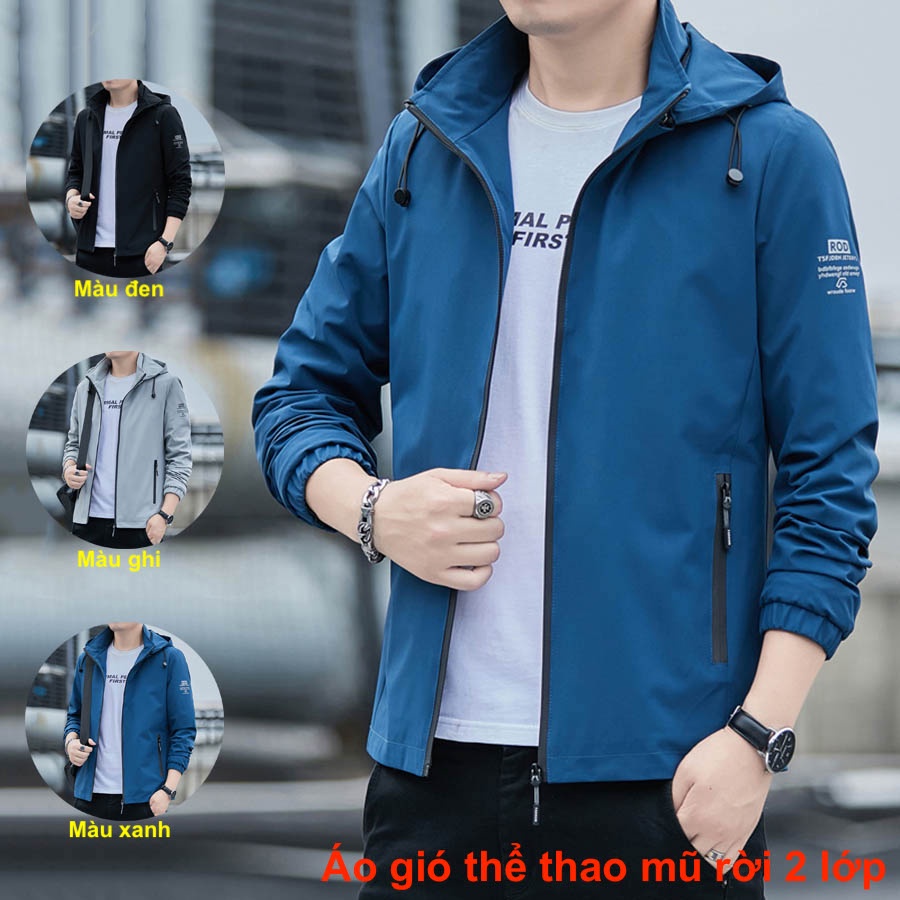 Áo khoác gió nam thể thao 2 lớp, có mũ tháo rời cao cấp chính hãng ...
