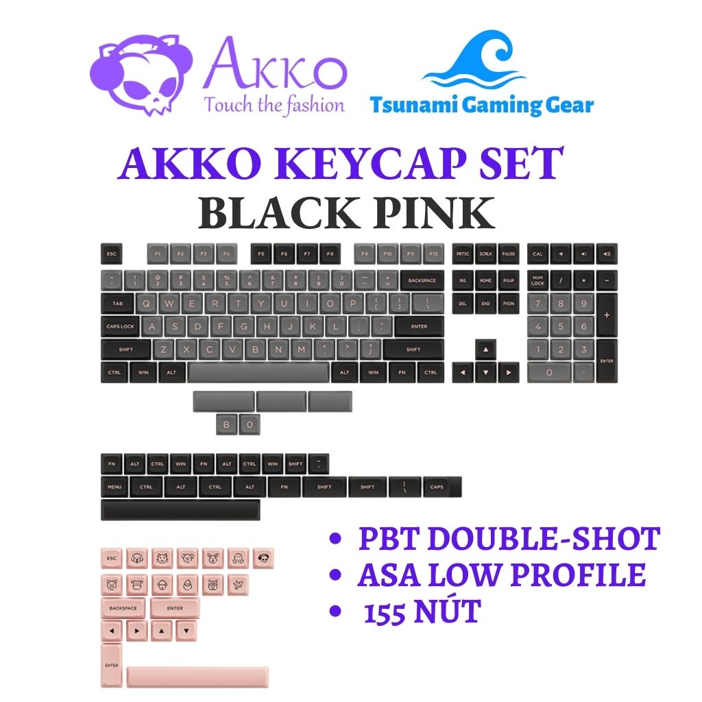 Bộ keycap AKKO Black Pink (PBT Double-Shot/ ASA Low profile/ 155 nút ...