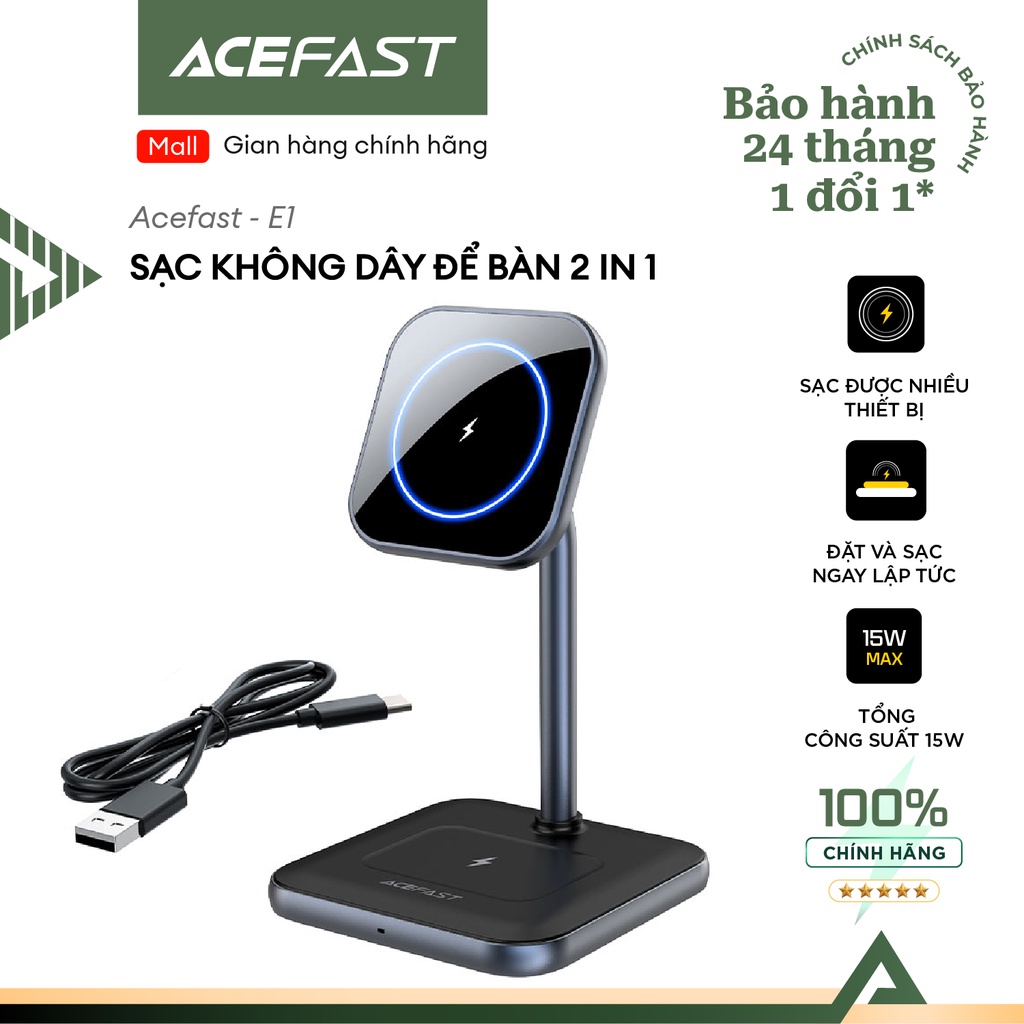 Giá sỡ sạc nhanh không dây ACEFAST E1, 2 in 1 công suất tối đa 15W, hỗ ...