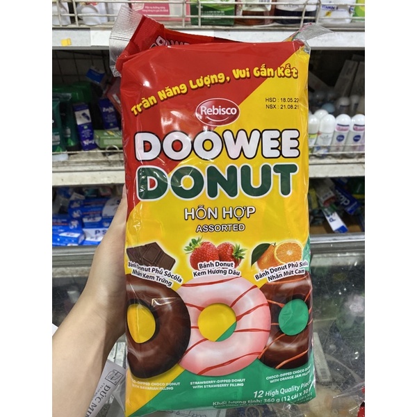 Bánh Dowee Donut túi 12c 360g đủ vị dâu, cam, phô mai, kem sữa, kem ...