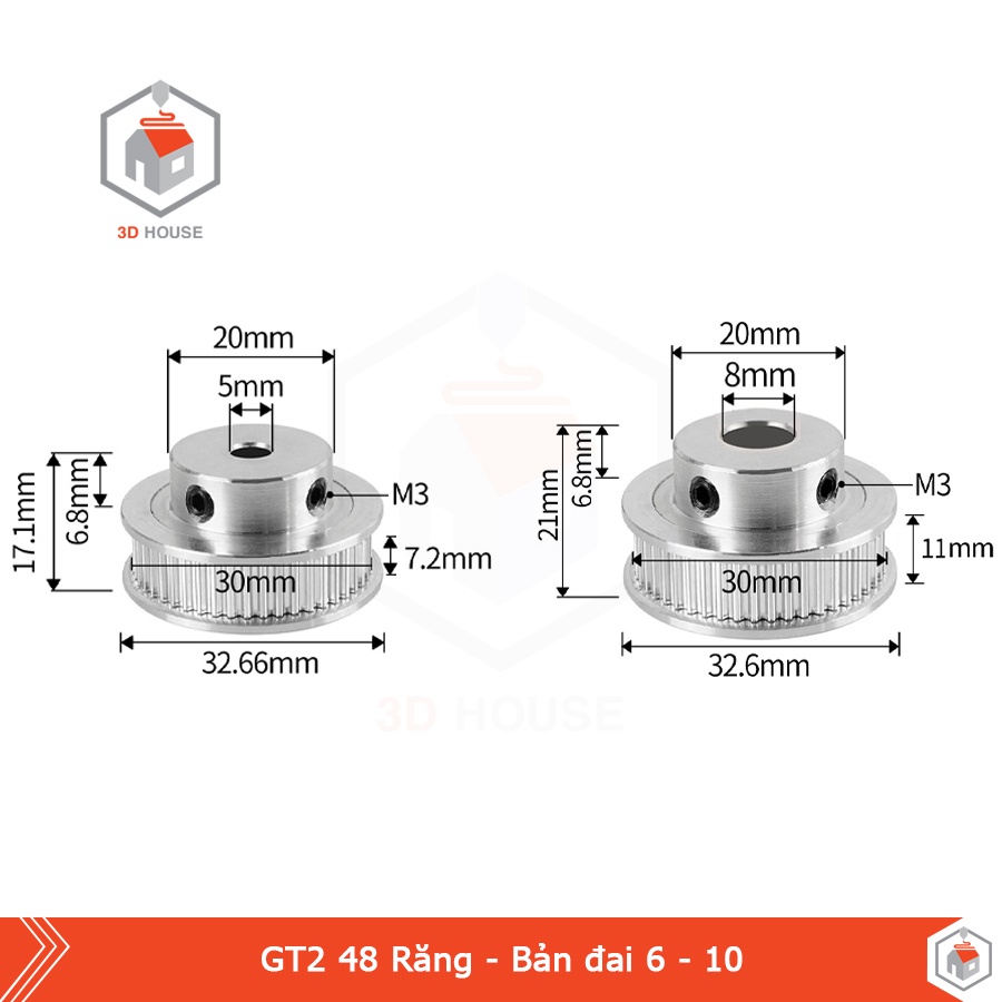 Puly GT2 48 Răng Bản Đai 6-10mm Trục 5/6/6.35/8/10/12/14mm cho Máy In ...