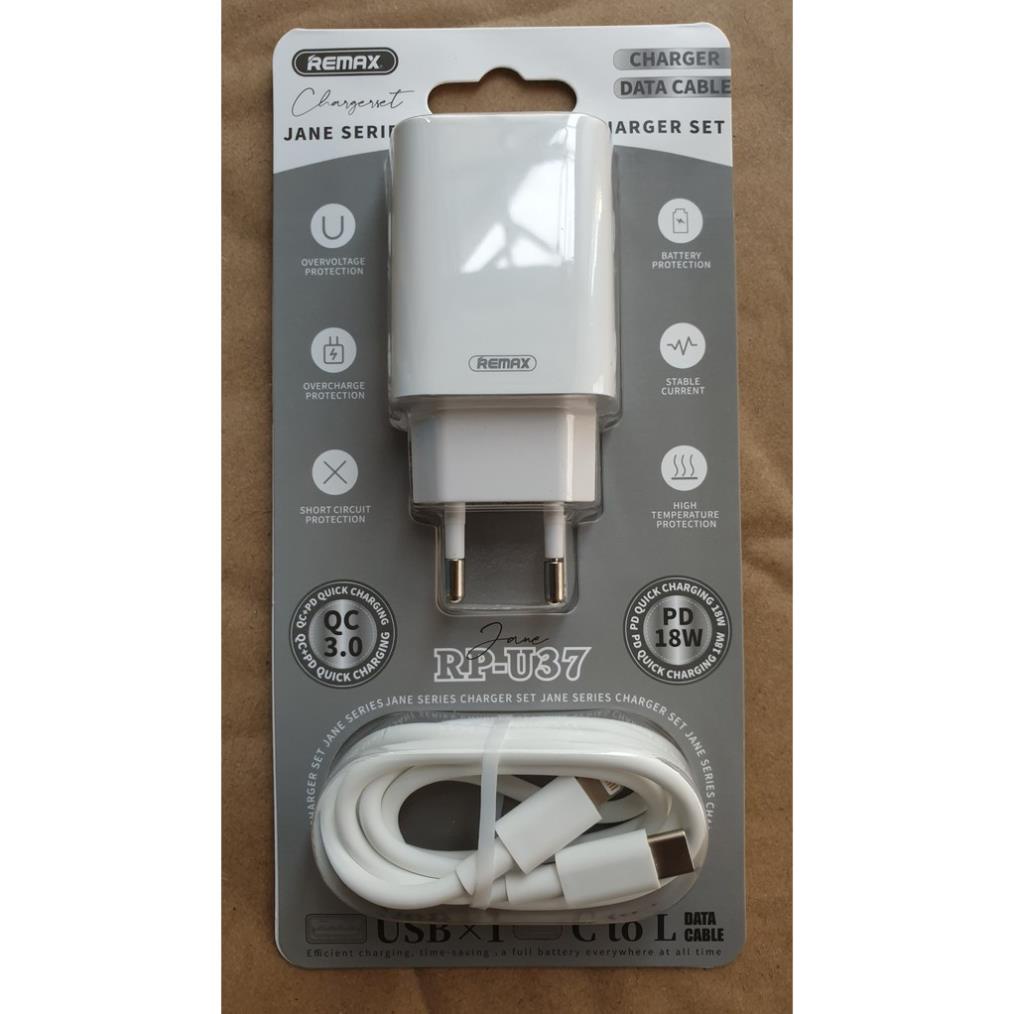 Củ kèm cáp sạc nhanh Remax RP-U37 QC3.0+PD 2 cổng sạc: USB và Type C ...