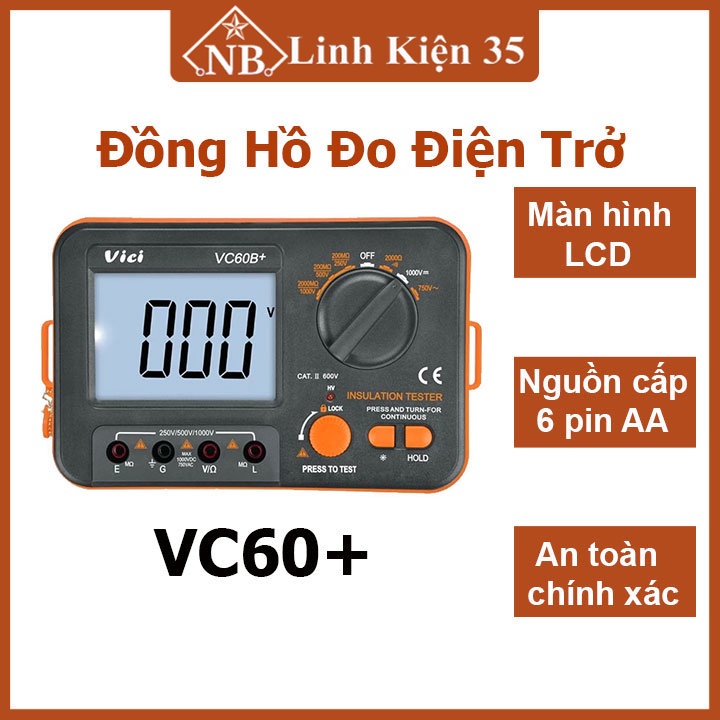 Đồng hồ đo điện trở cách điện kỹ thuật số, máy đo điện trở đất Megohm VC60+ tiện dụng chính xác ...