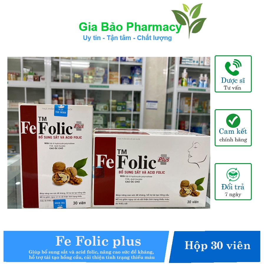 Viên uống bổ sung sắt và acid folic Fefolic plus hộp 30 viên giúp nâng ...