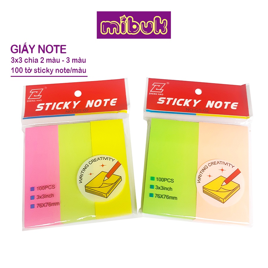 Giấy note 3x3 100 tờ chia 2 màu 3 màu tông dạ quang dùng ghi chú Sticky ...
