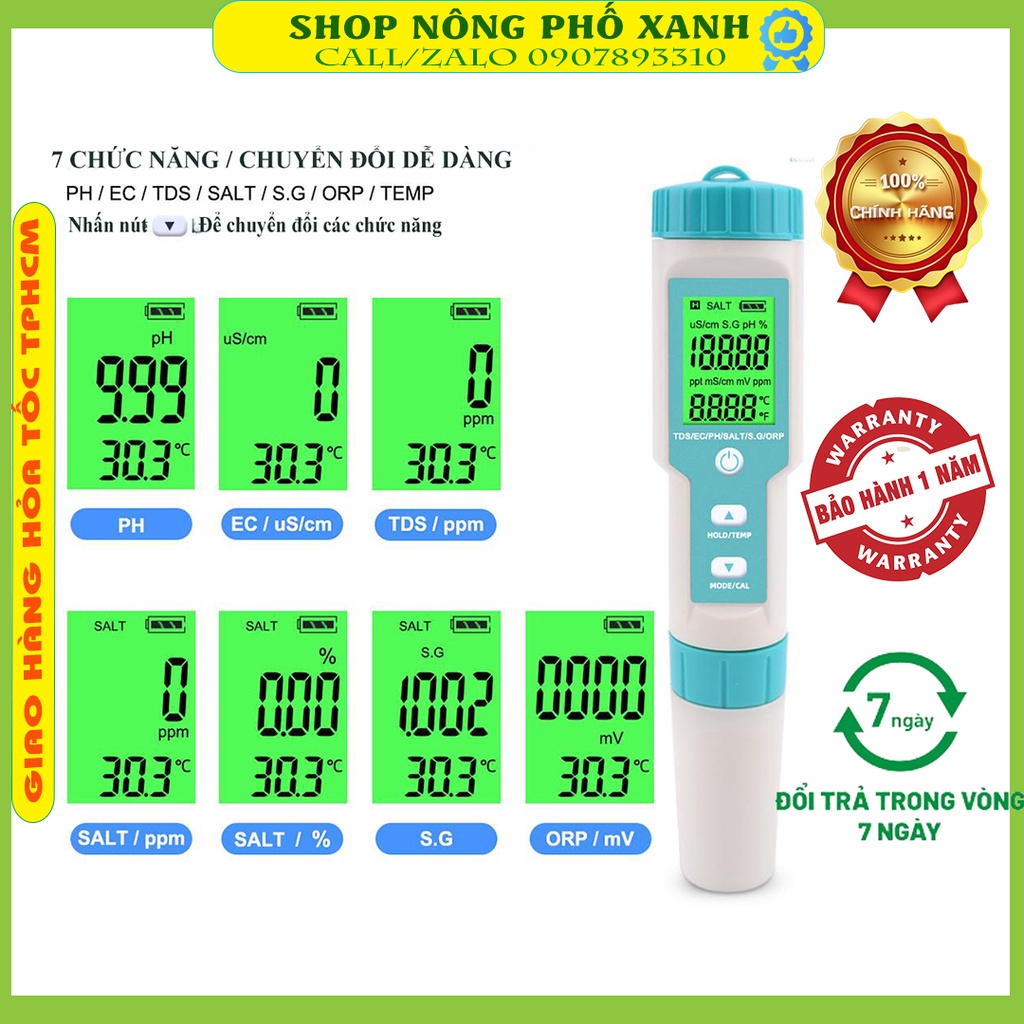 Máy Đo độ sạch PH Nước 7 Trong 1 PH / TDS / EC / ORP / S.G / độ mặn / nhiệt độ nước uống, nước ...