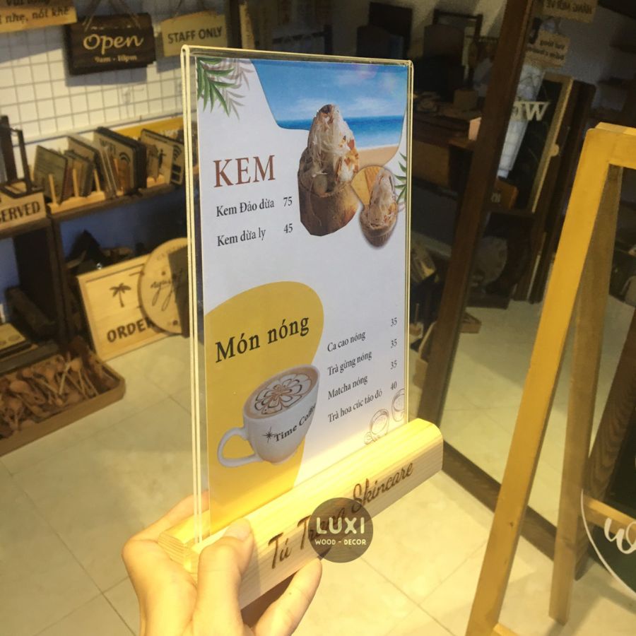 HCM | Menu meka để bàn, Tent card, Menu meka đế gỗ (free khắc logo ...