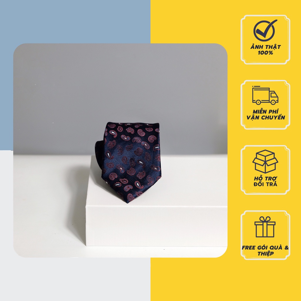 Cà vạt nam công sở, chú rể họa tiết vintage màu xanh navy bản trung 7.5cm chất liệu cao cấp ...
