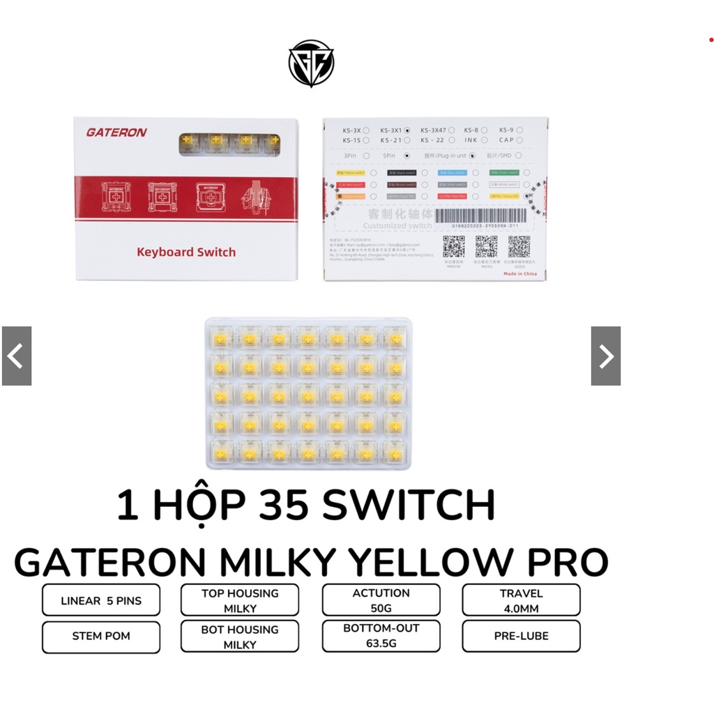 Switch Gateron Milky Yellow Pro Switch (5 pin) - Hộp đóng gói kèm khay ...