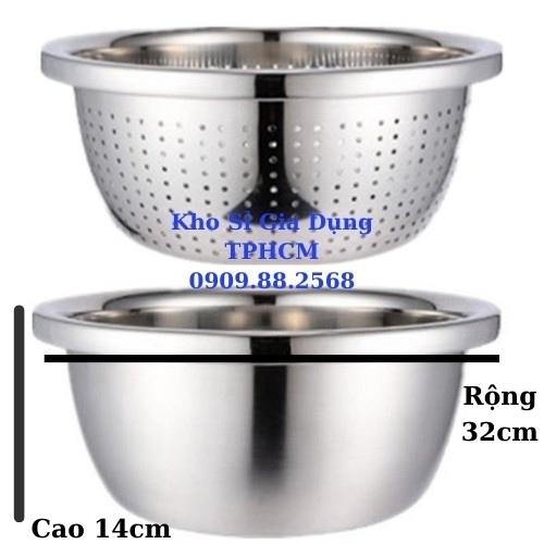 Bộ thau + rổ inox size lớn đa năng, Bộ thau rổ inox size 32cm đựng đồ ...