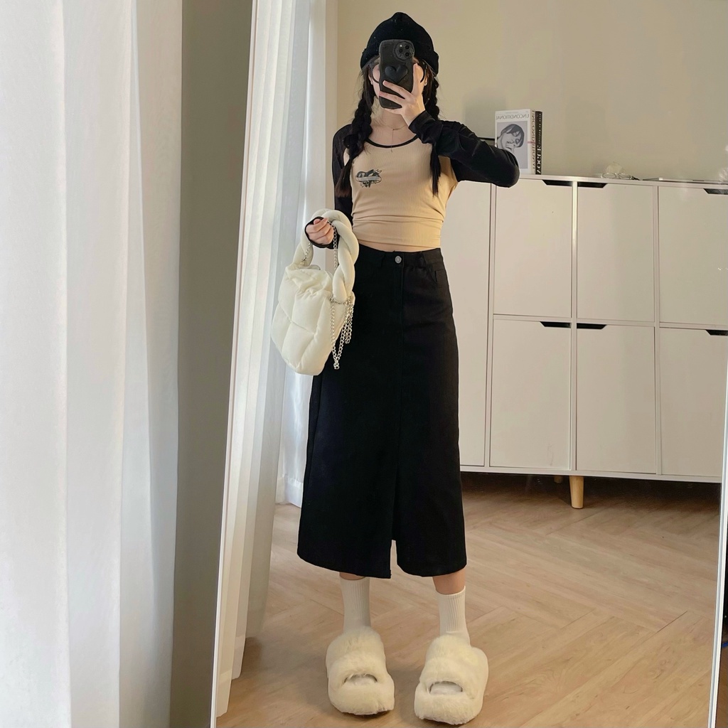 Chân Váy Jean Cạp Cao Xẻ Tà Form Chữ A JEM CLOSET Phong Cách Ulzzang ...