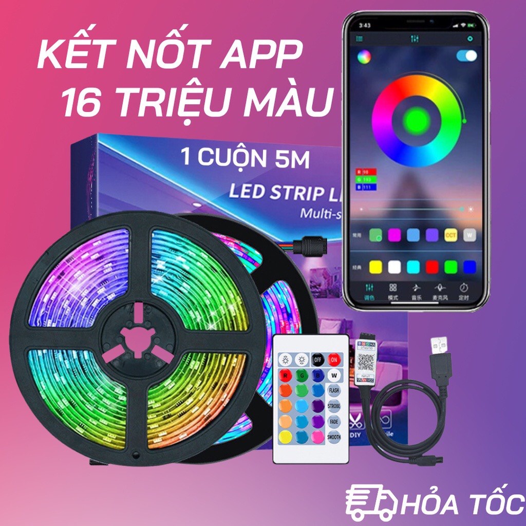 Đèn dây led RGB 16 triệu màu 2M 3M 5M điều khiển bằng điện thoại, nháy ...