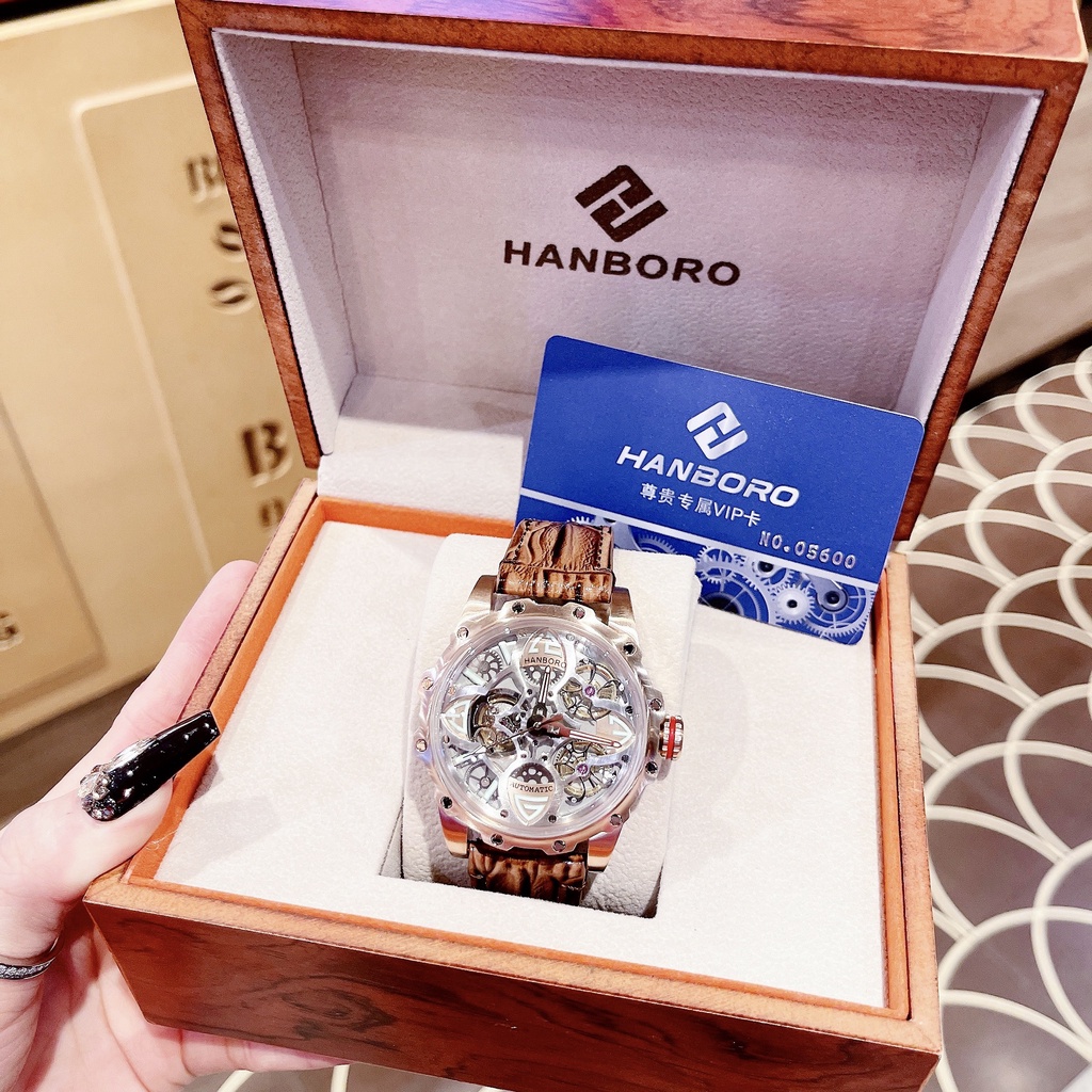 [Video] - Đồng Hồ Nam Hanboro Automatic HBR- 8851 , Dây Da Nâu , Size ...