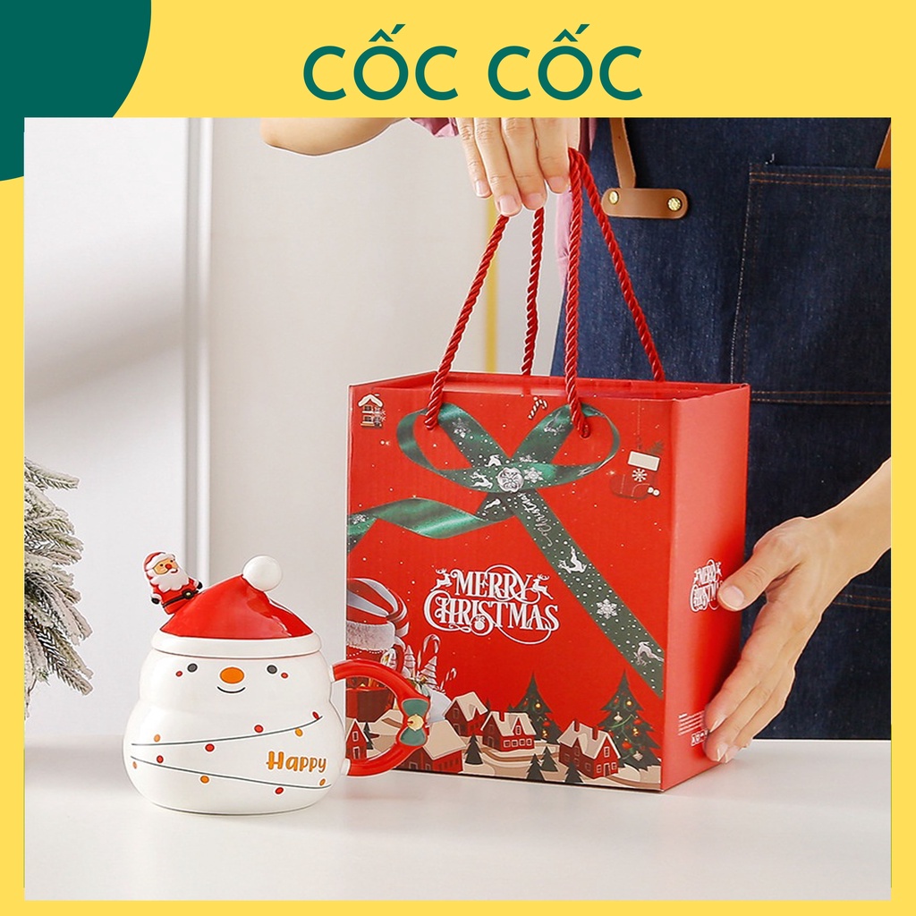 Cốc ly sứ hộp quà Merry Christmas nắp sứ hình mũ kèm thìa dung tích ...
