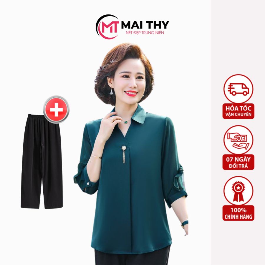 Bộ Quần Áo Trung Niên MAI THY S449, Mẫu Áo Sơ Mi Phối Quần Thun Ống Suông Sang Trọng | Thời ...