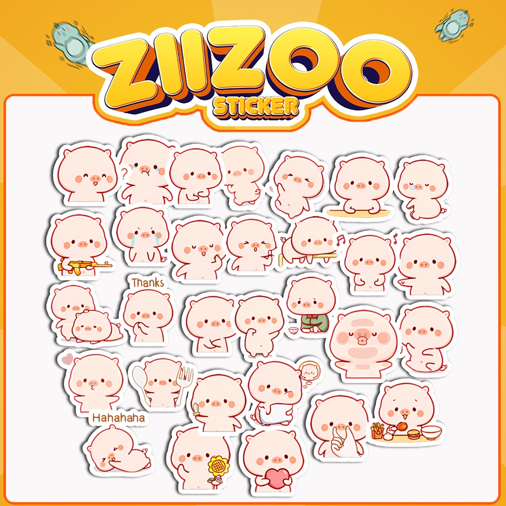 Set 30 Sticker Heo Con Cute, hình dán trang trí bình nước, điện thoại ...