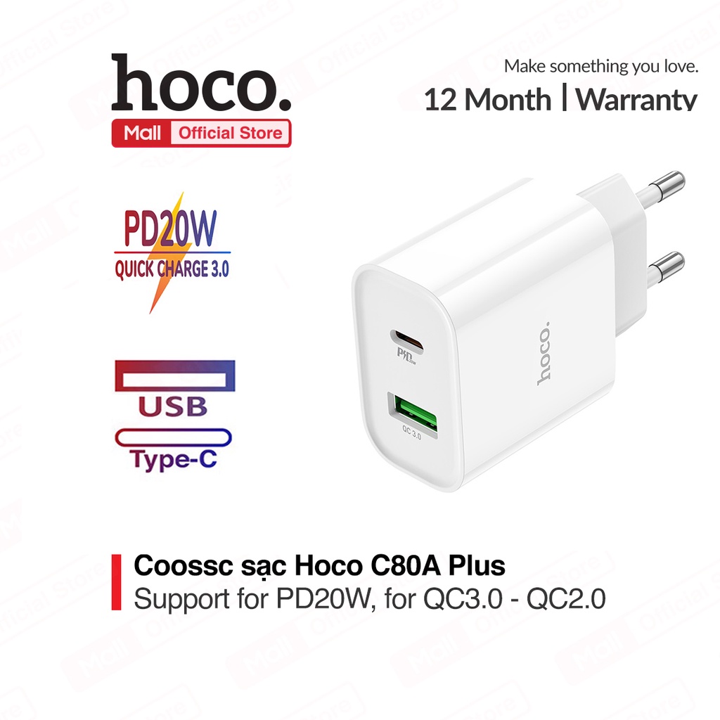 Củ sạc nhanh 20W Hoco C80A Plus 2 cổng USB/18W - PD 20W hố trợ sạc nhanh cho Smartphone | Shopee ...