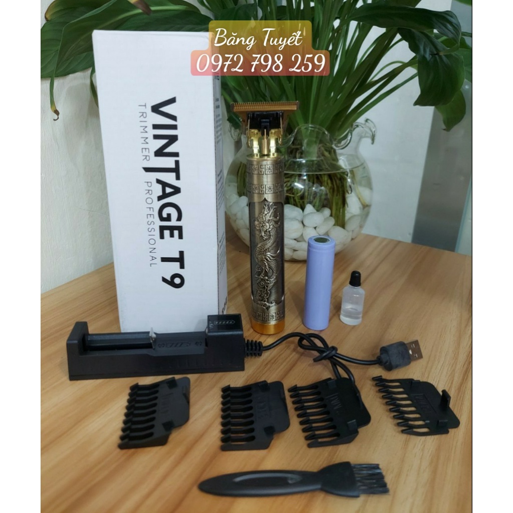 TÔNG ĐƠ CẮT TÓC BẤM VIỀN PIN SẠC CHUYÊN NGHIỆP VINTAGE T9 KÈM 4 CỠ LƯỢC ,PIN SẠC , MÁY SẠC ,CHỔI ...