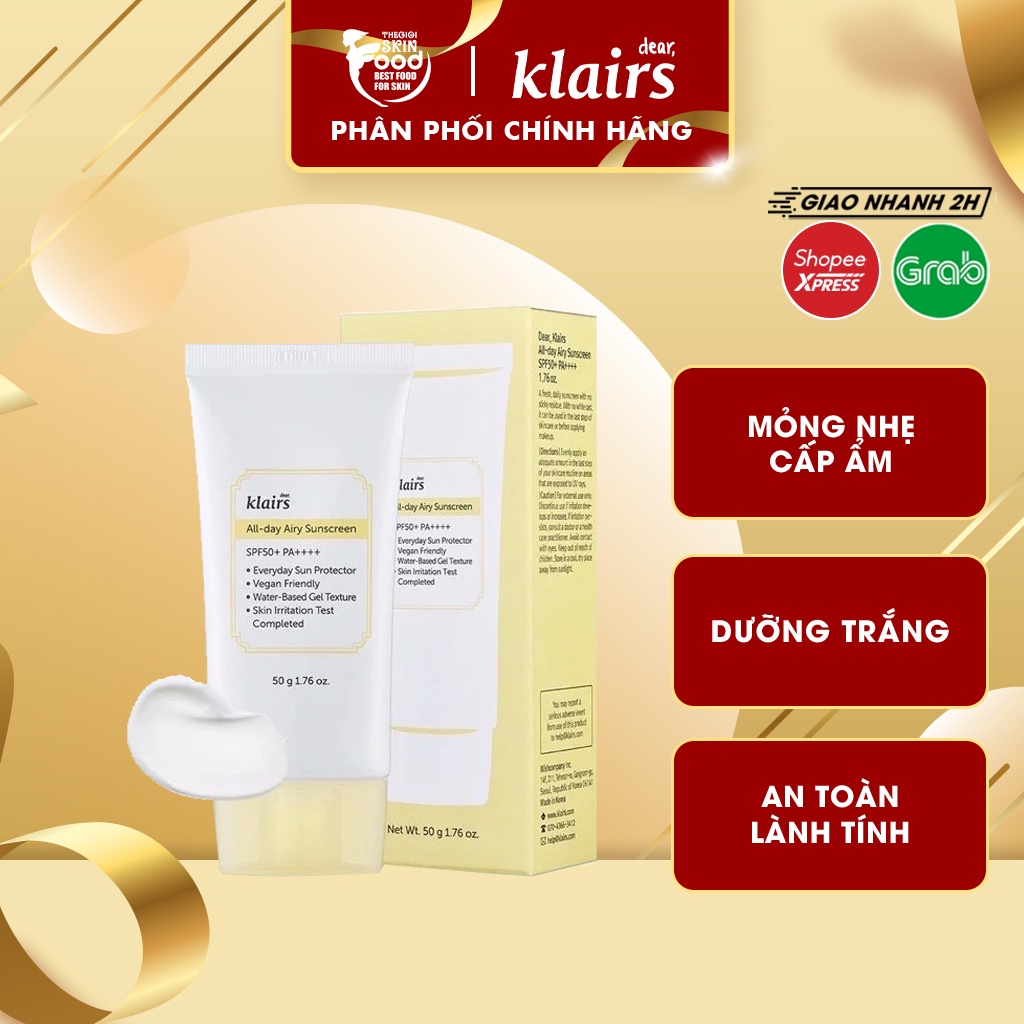 Kem Chống Nắng Mỏng Nhẹ, Cấp Ẩm Cho Da Klairs All Day Airy Sunscreen SPF50+ PA++++ 50g | Shopee ...