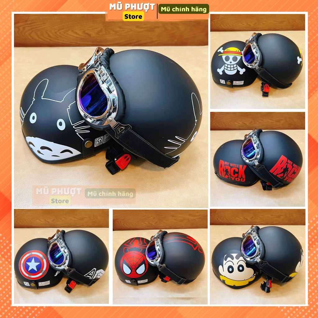 Mũ bảo hiểm nửa đầu đen nhám in hình mèo Totoro hàng cao cấp có kính ...