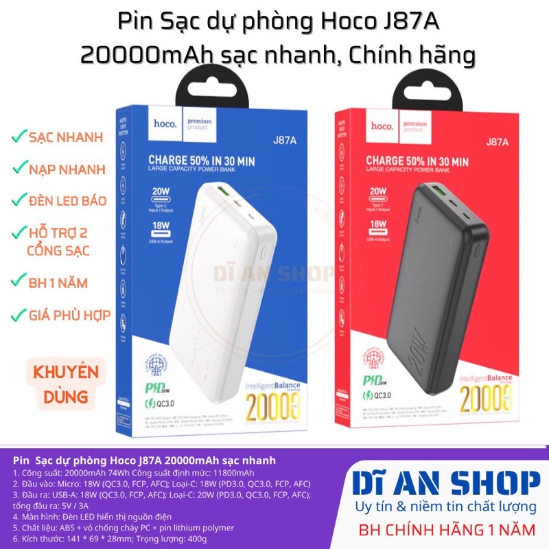 Pin Sạc dự phòng Hoco J87A,dung lượng 20000mAh, hỗ trợ sạc nhanh, chính ...