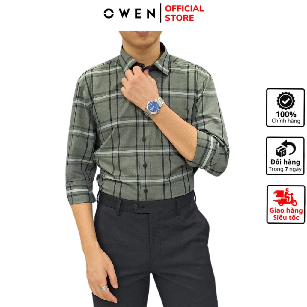 Áo sơ mi dài tay nam OWEN AR220906DT somi công sở vải sợi tre cao cấp kẻ caro xanh lớn rêu đen ...