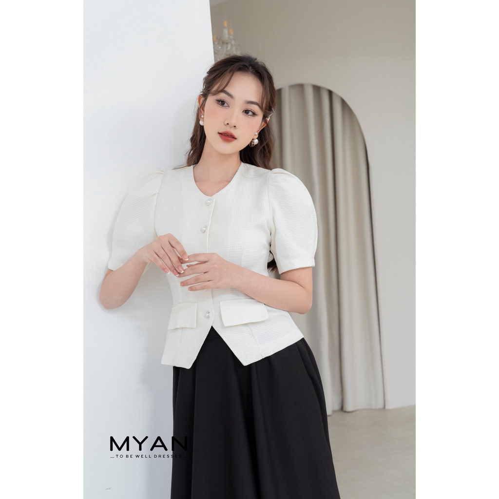 MYAN DESIGN Áo Tweed Cổ Tròn Áo Thiết Kế Chiết Eo Tay Ngắn Bồng 2 Nắp ...