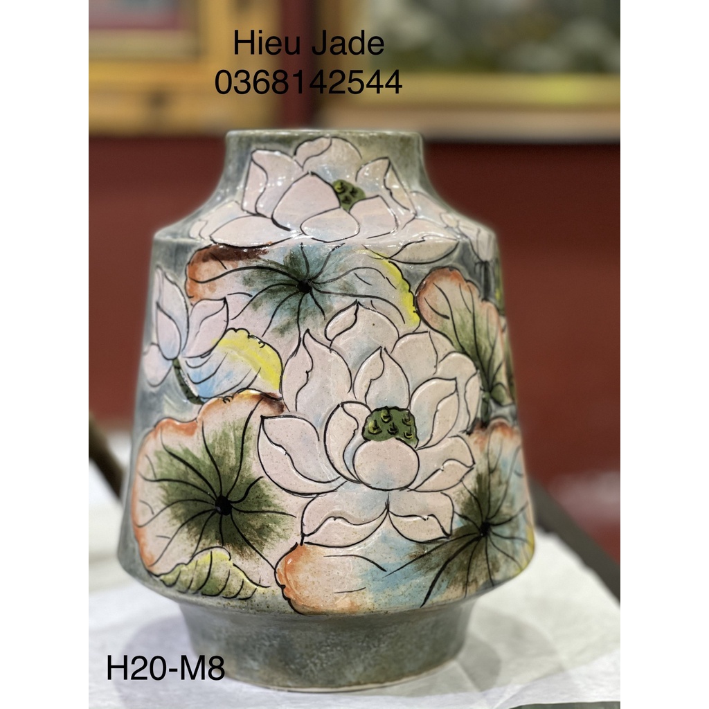 Bình hoa gốm Bát Tràng khắc tay thủ công khắc hoa hoa sen xám BH17 Hieu ...