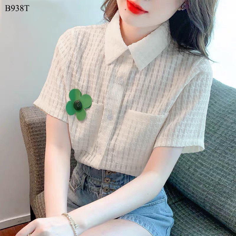 Áo sơ mi công sở nữ tay ngắn vải tơ sóng thời trang, áo sơ mi nữ thiết kế phối 2 túi trước xinh ...