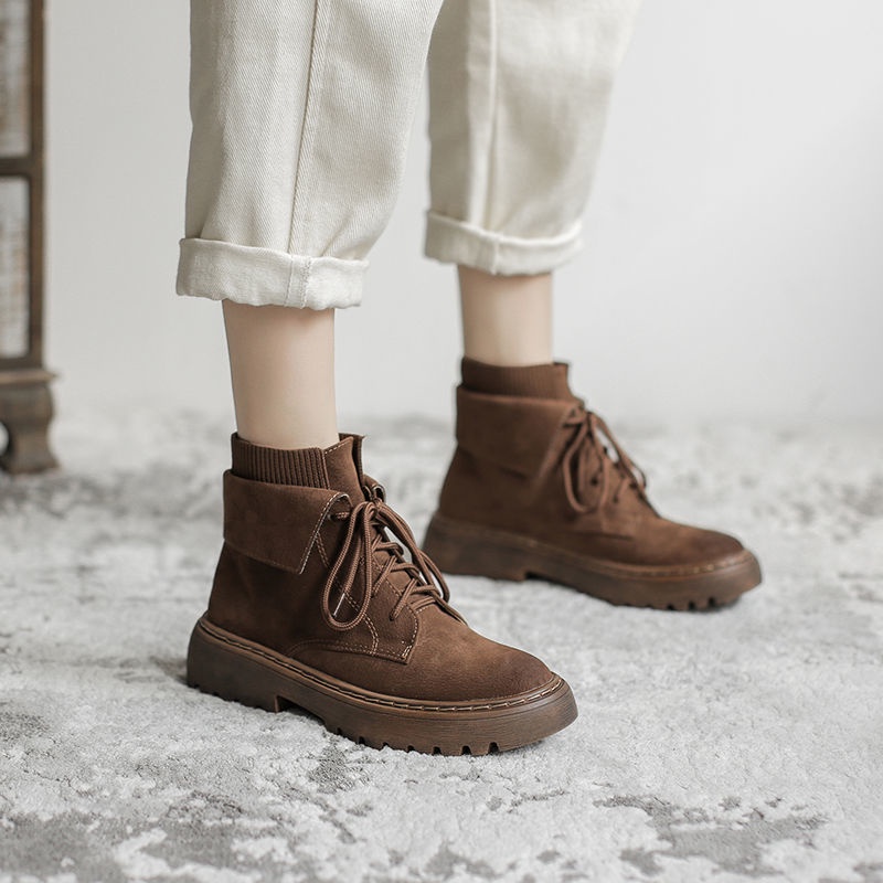 Giày boot da mềm phong cách Anh quốc đế dày màu nâu nhám thời trang mùa ...