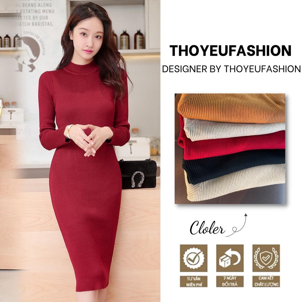 V4245-4246 Váy len body, váy len tăm cổ 3 phân silive dáng ôm qua gối ...